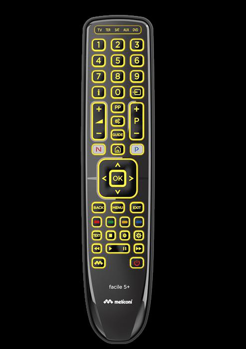 MELICONI - Telecomando universale 5 in 1 GUMBODY FACILE 5+-Calotta ABS nera opaca con ins | Euronics